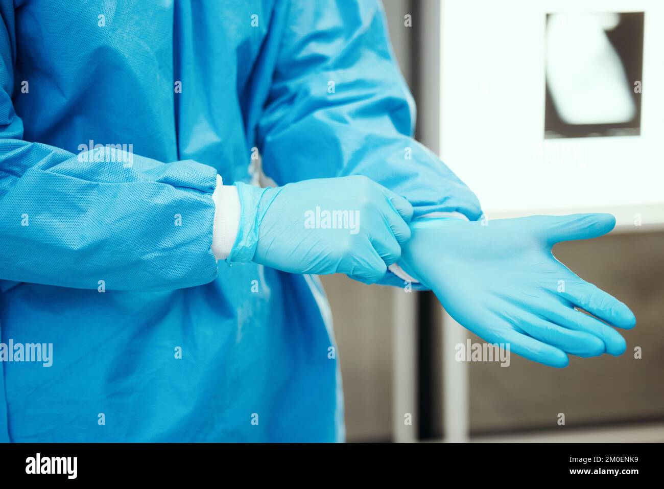 Healthcare, scrubs and surgeon hands with gloves for protection in ...