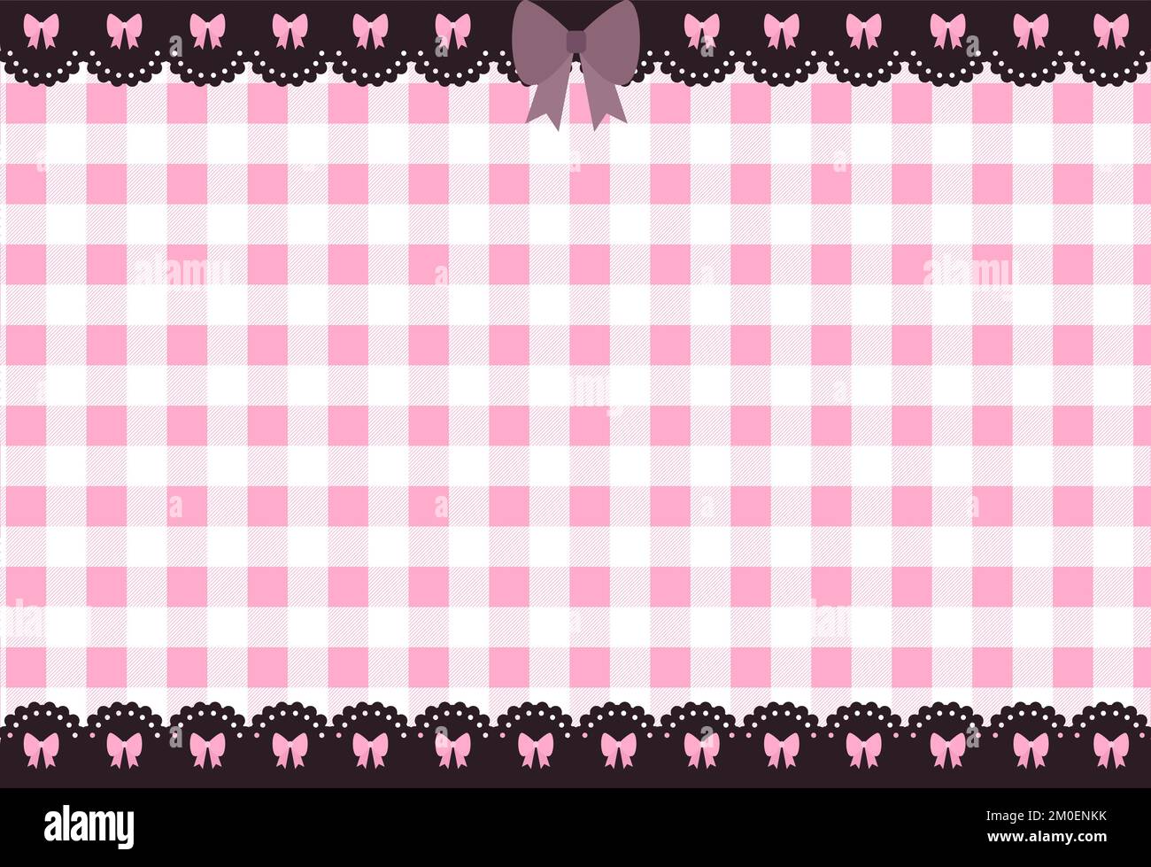 Cute pink kawaii horizontal background with gingham check and dark lace ...