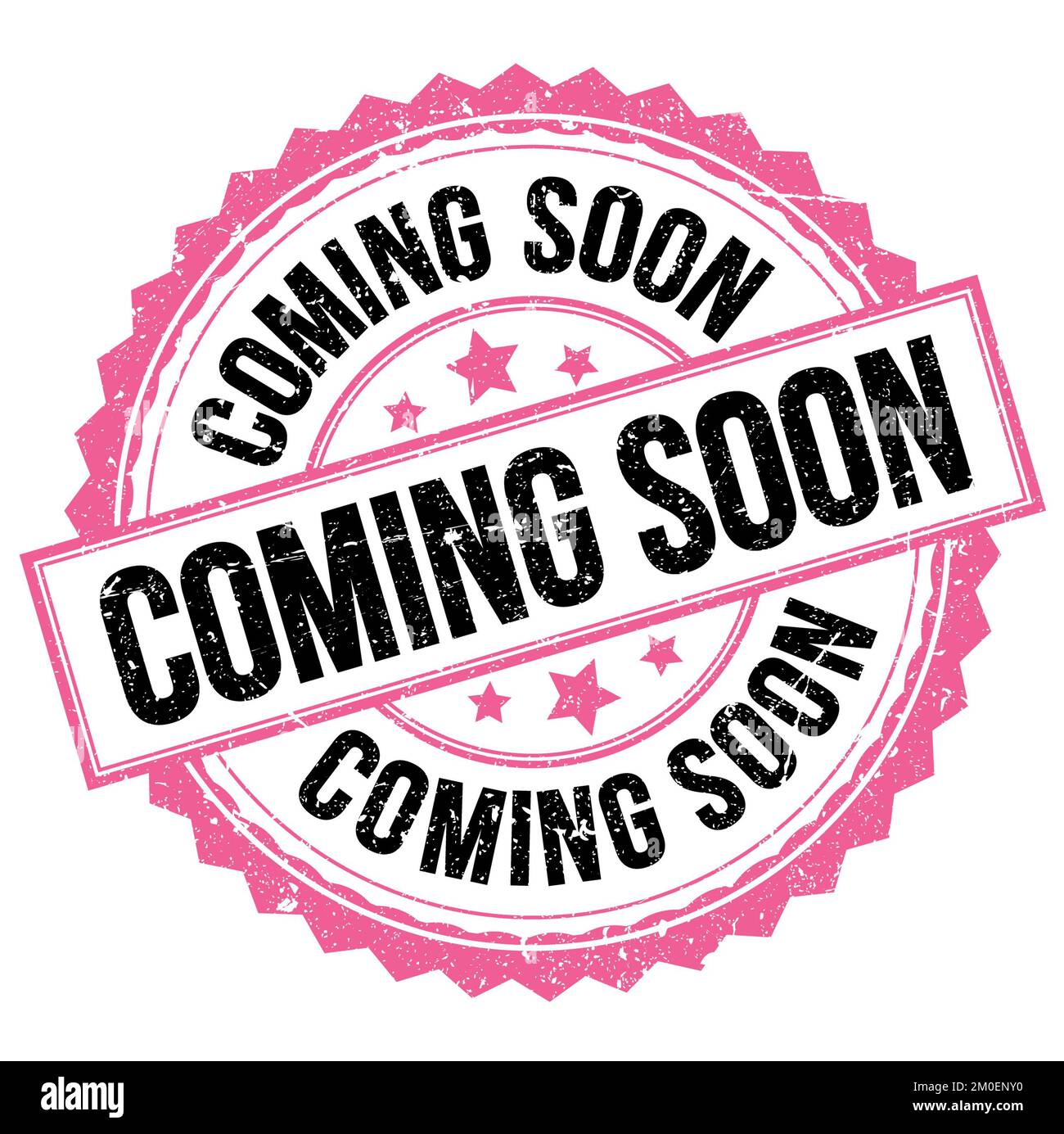 COMING SOON text written on pink-black round stamp sign Stock Photo - Alamy