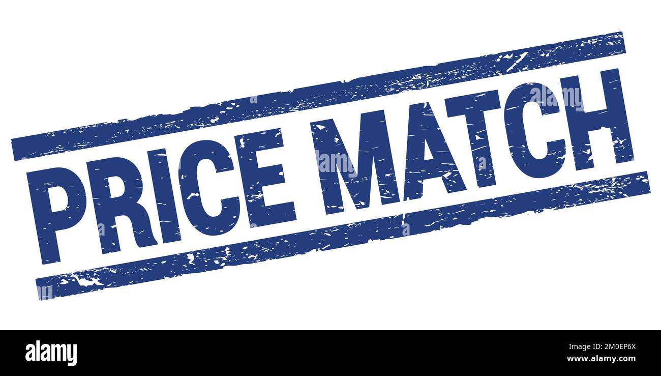 PRICE MATCH text written on blue rectangle stamp sign Stock Photo - Alamy