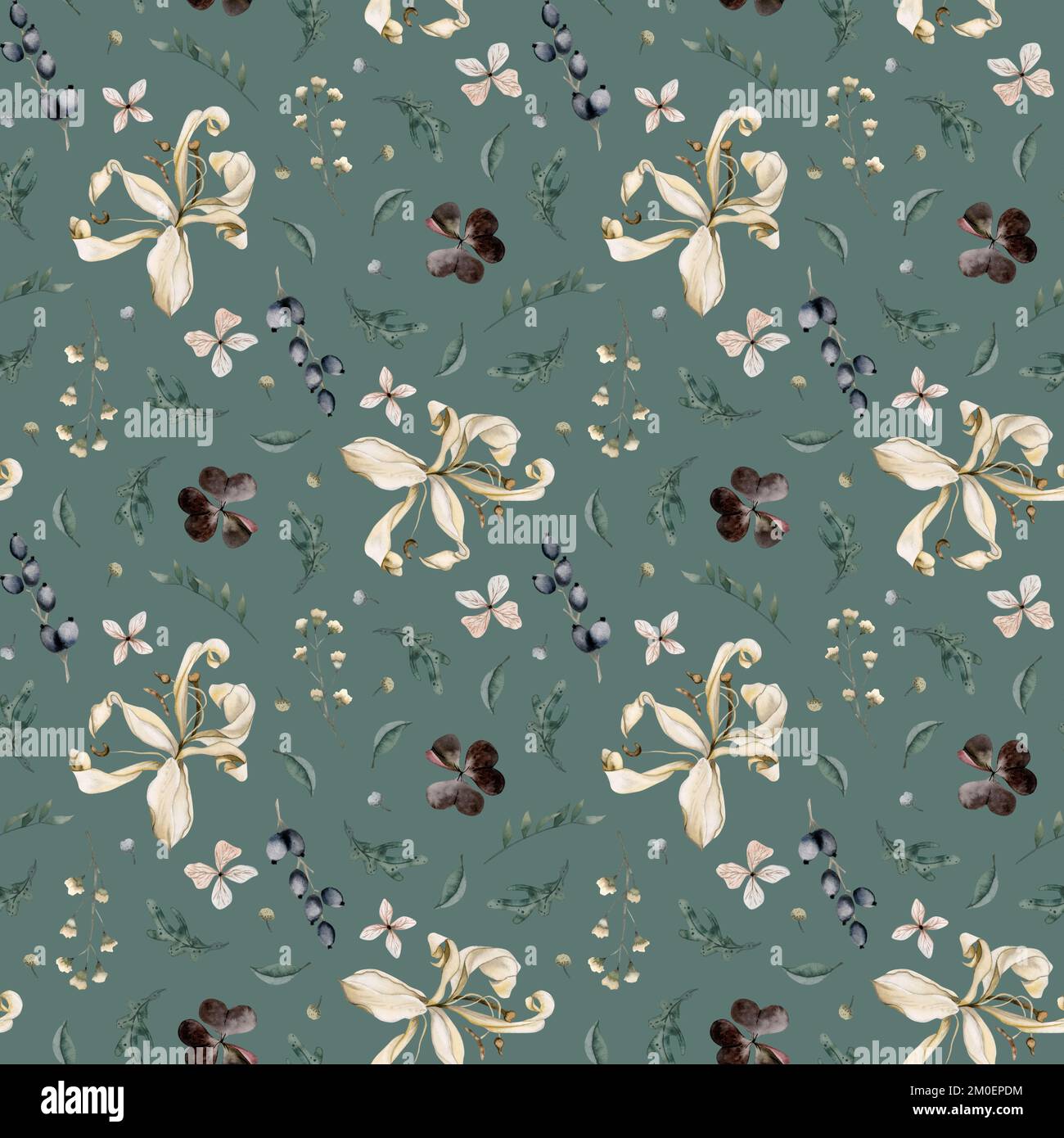 Hand drawn dried flower seamless pattern with lilies, leaves, berries ...