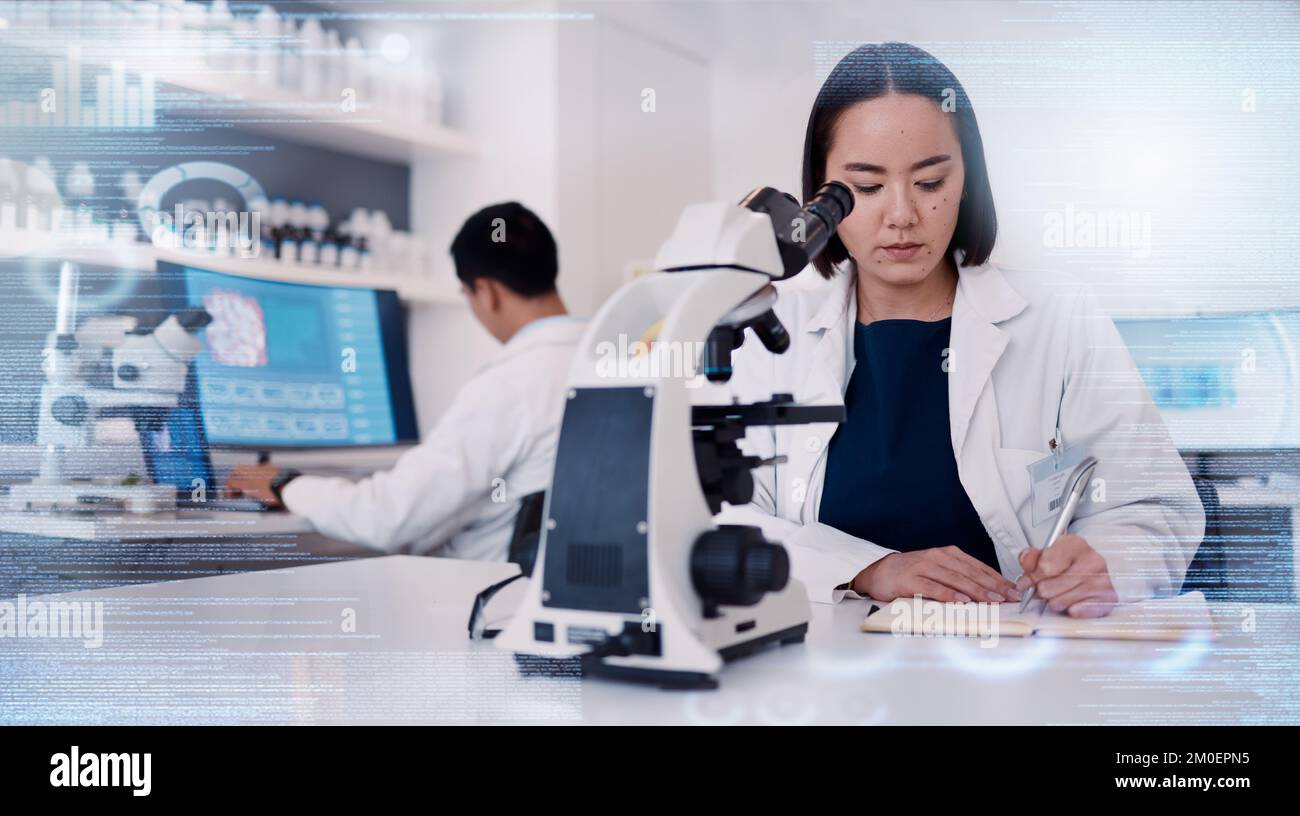 Scientist in laboratory, asian woman in science with microscope and ...