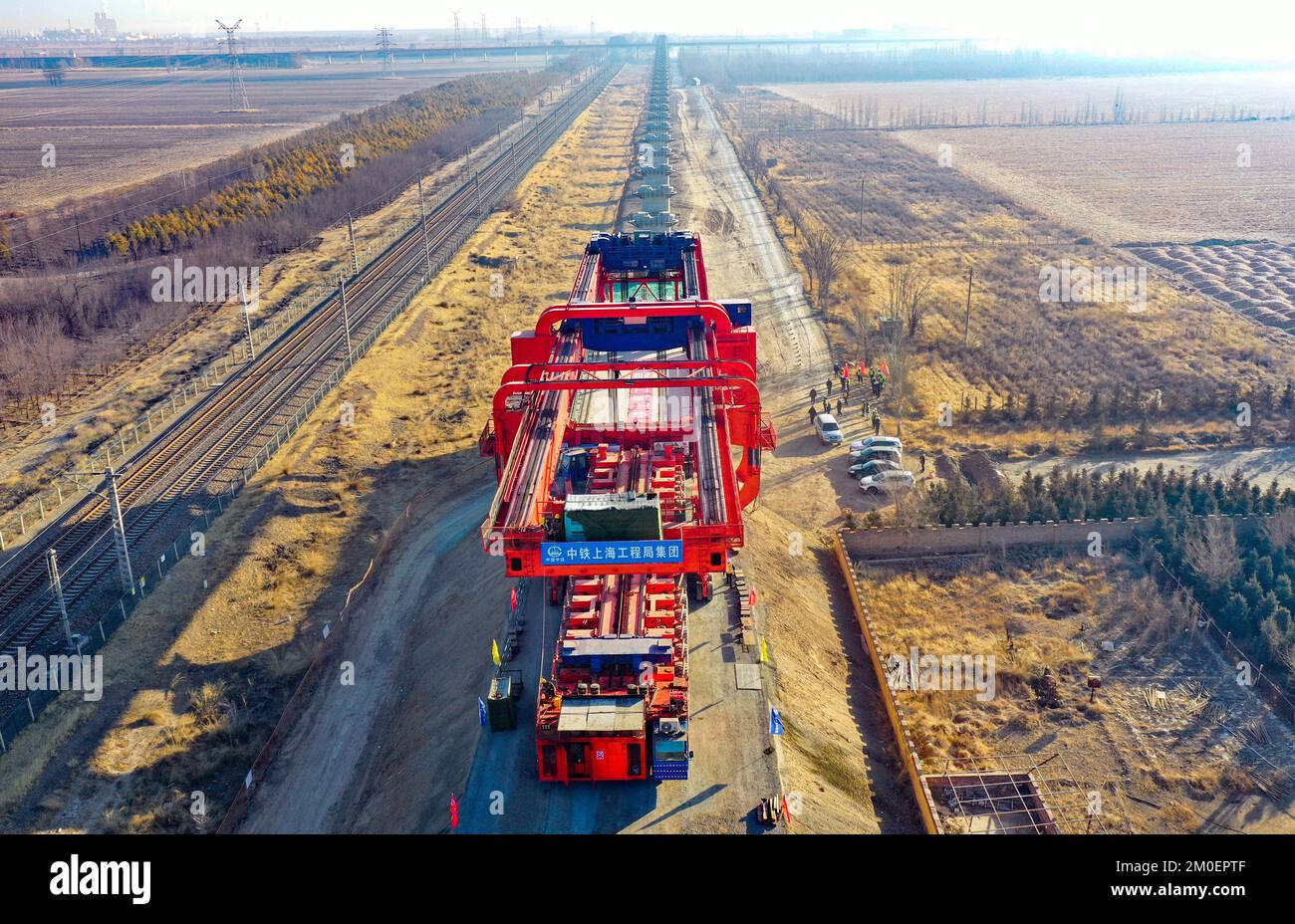 Aerial photo shows the first box girder of the Baotou section of the ...