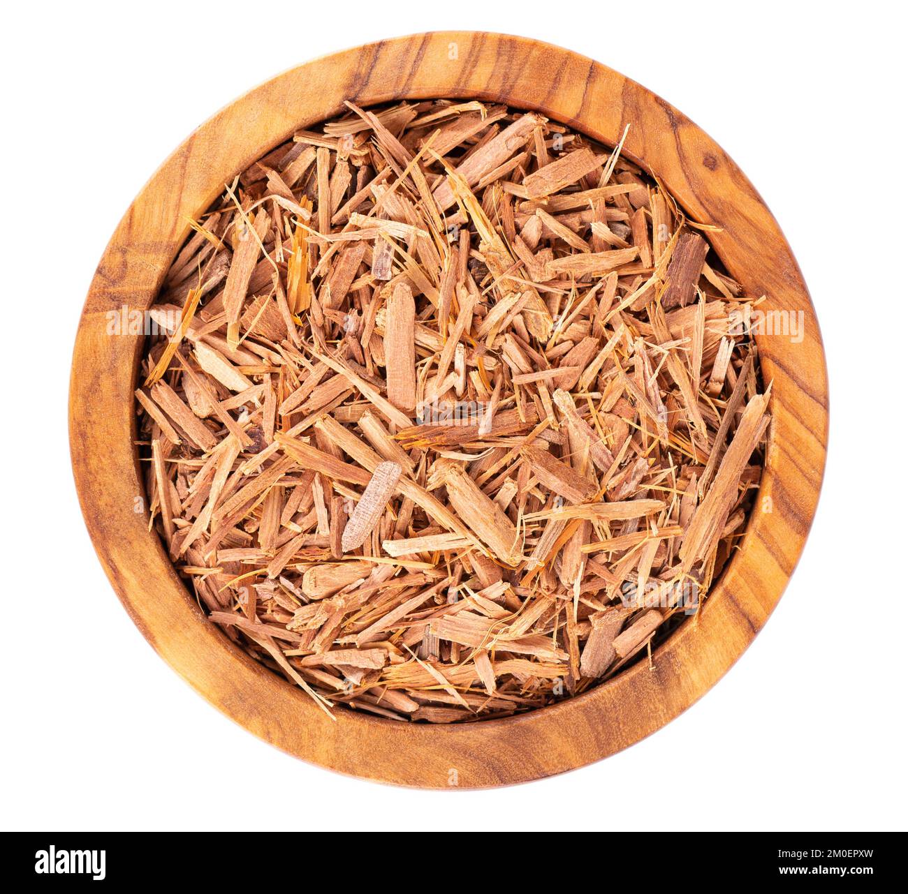 Catuaba bark in wooden bowl, isolated on white background. Trichilia ...