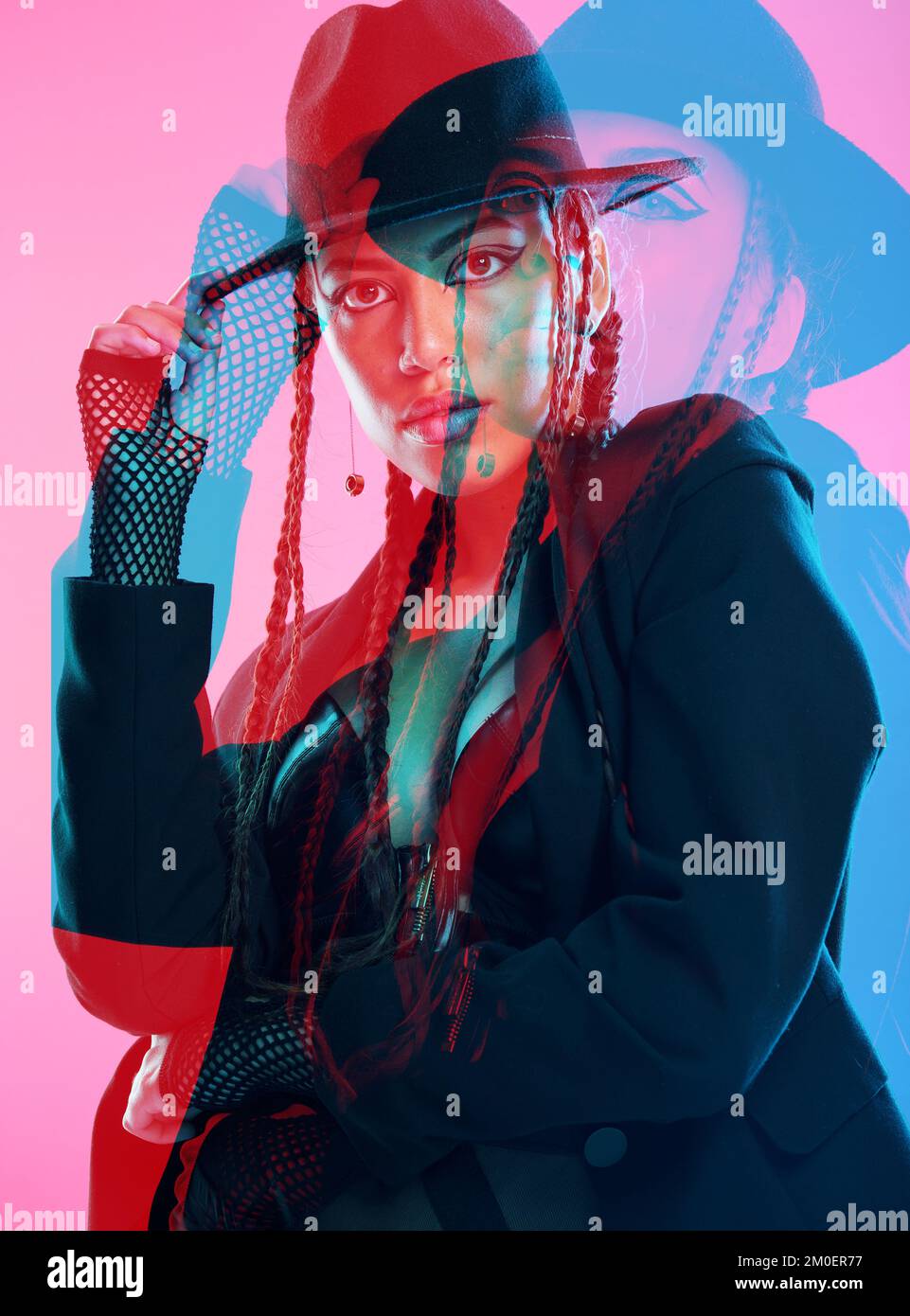 Punk, rock and graphic of a woman with fashion, creative portrait and ...