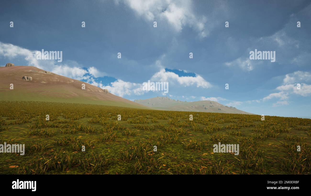 3D rendering. Natural environment of a green island with no trees ...