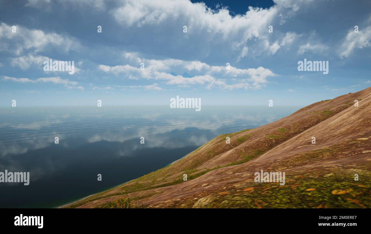 3D rendering. Natural environment of a green island with no trees ...