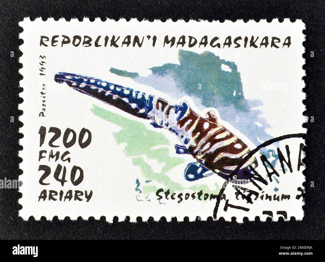 Cancelled postage stamp printed by Madagascar, that shows Zebra Shark ...