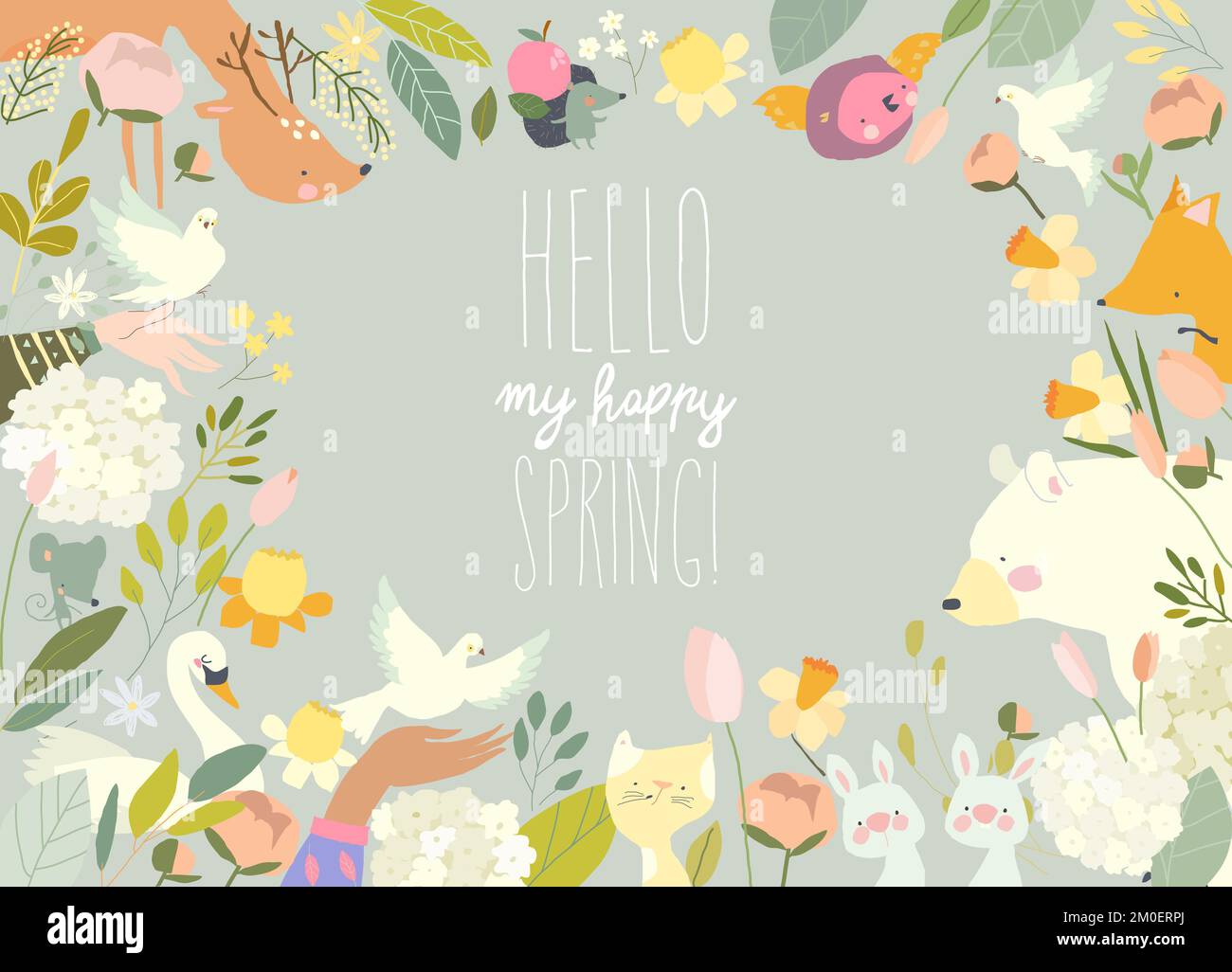 Frame with Cute Cartoon Animals meeting Spring Stock Vector Image & Art ...