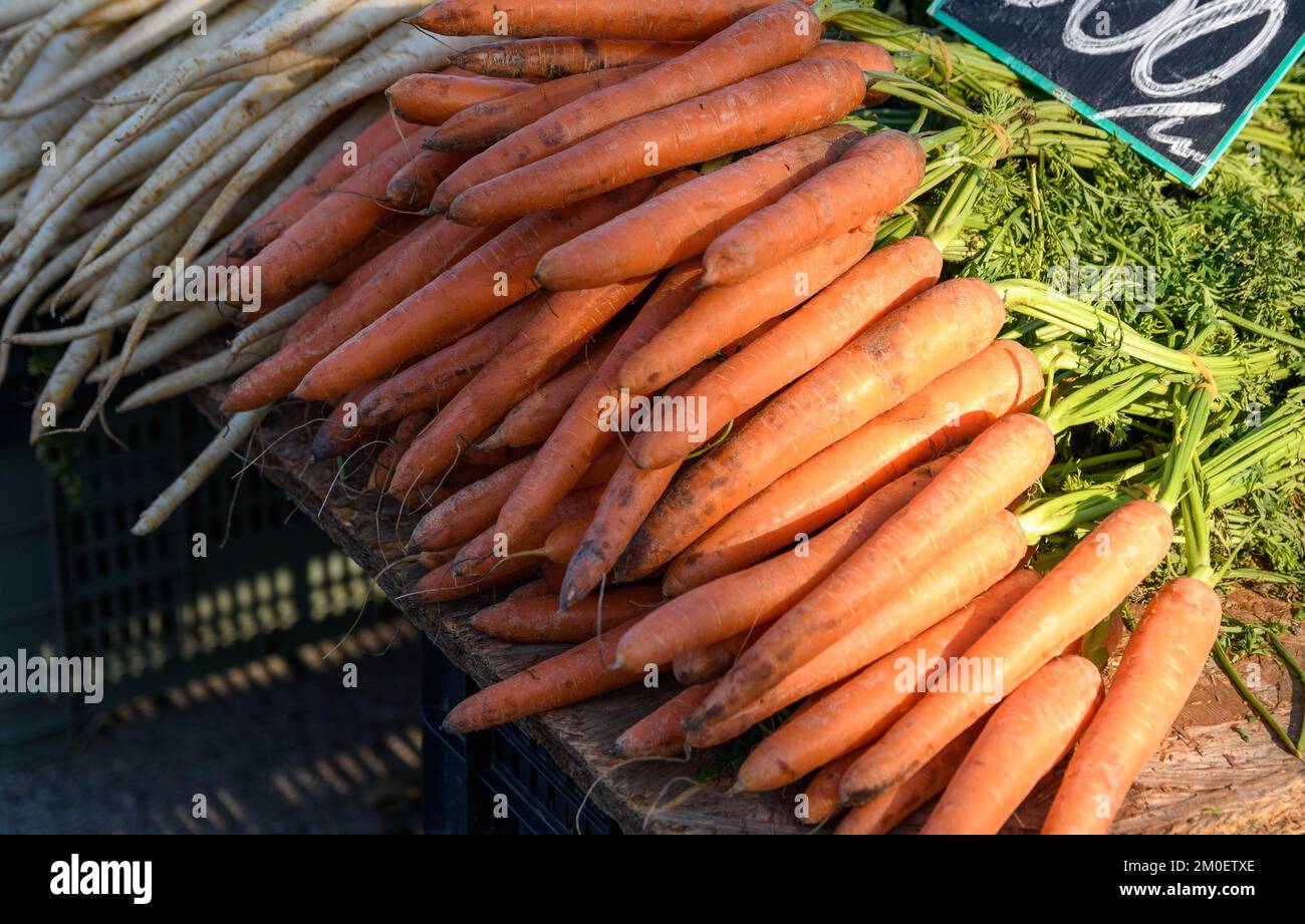 A bunch of fresh carrots for sale at farmer's market Stock Photo - Alamy