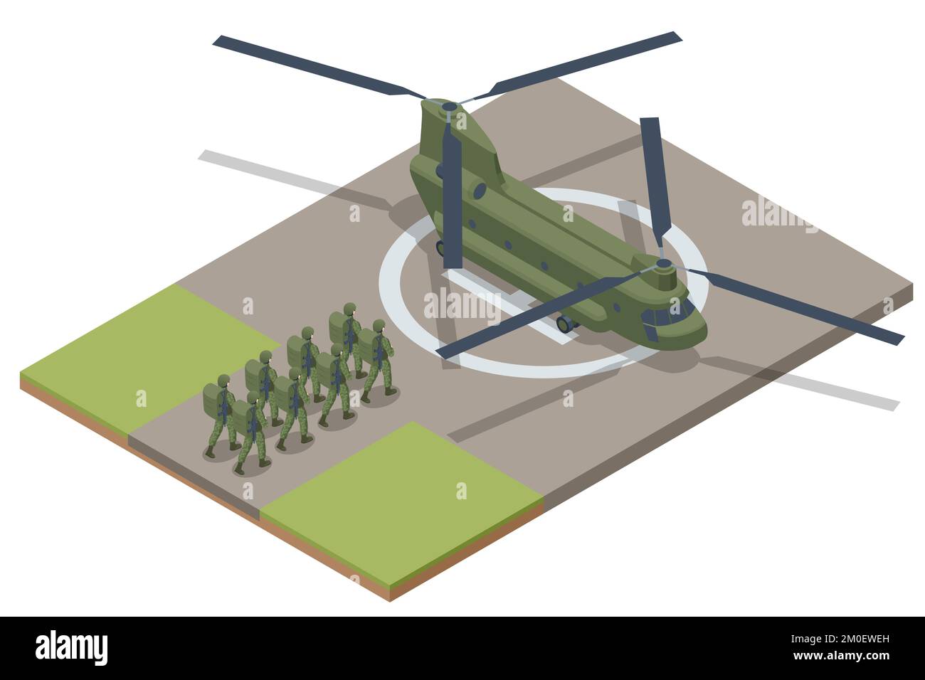 Soldiers loading onto a helicopter. Isometric Chinook is a tandem-rotor ...