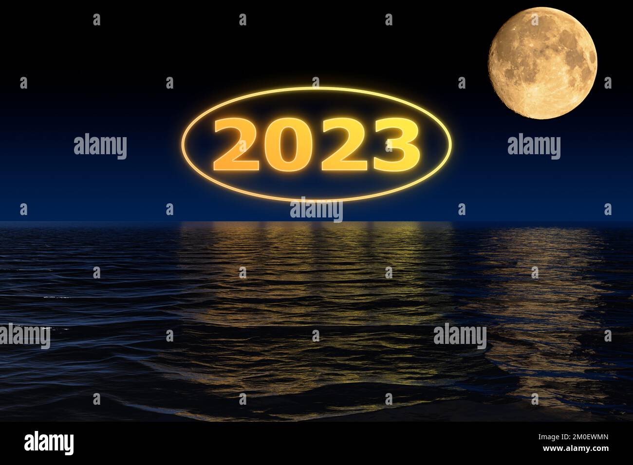 3D illustration concept New Year 2023 design with 2023 on the moon ...