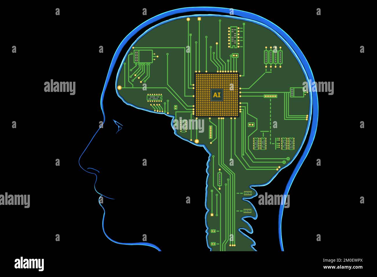 Concept 3d Illustration Of Electronic Chip In Form Of Human Brain In Electronic Cyberspace