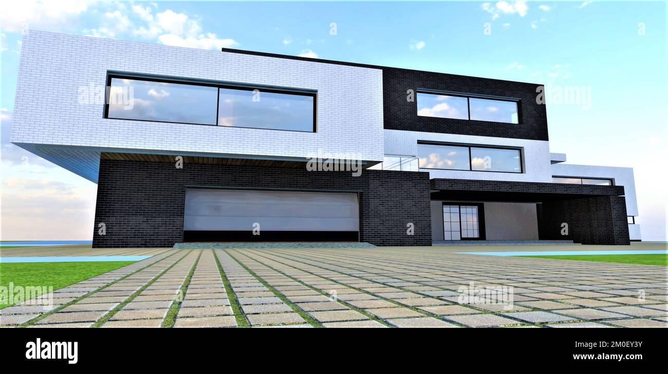 Concrete squre slabs as a pavement in front of the garage and the porch ...