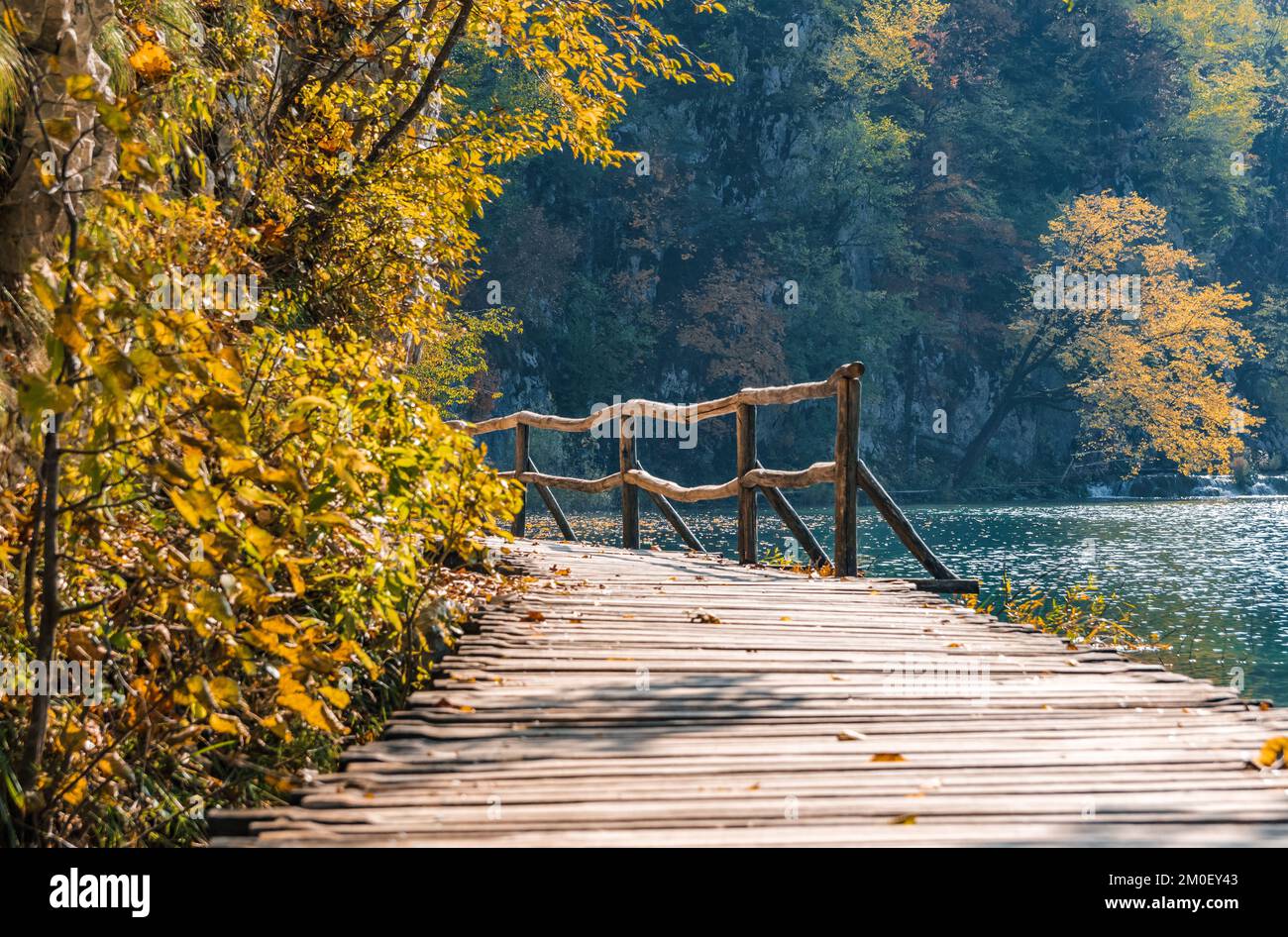 A scenic shot of orange trees and a wooden deck on a lake at Plitvice ...