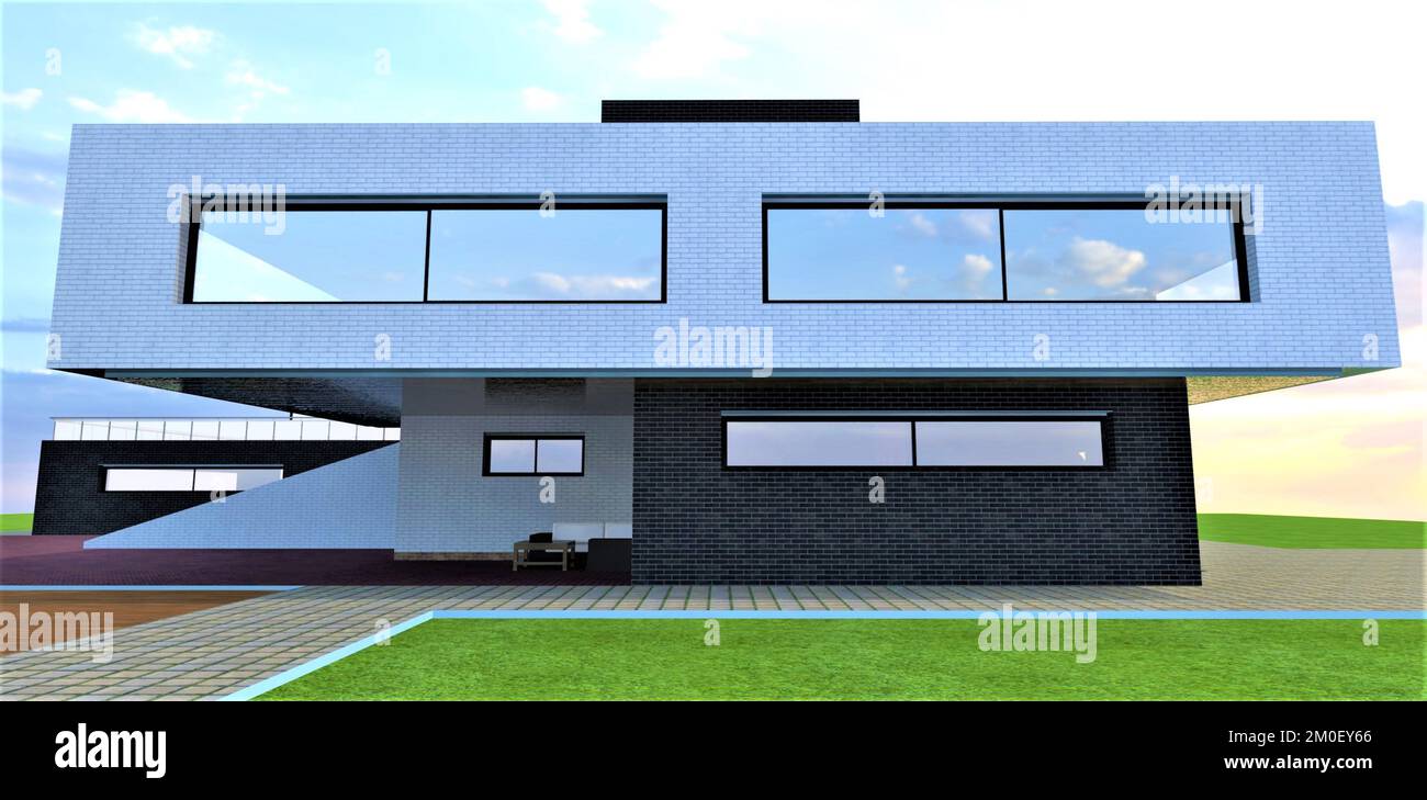 Right side of the house finished with black and white brick tile. Stone ...