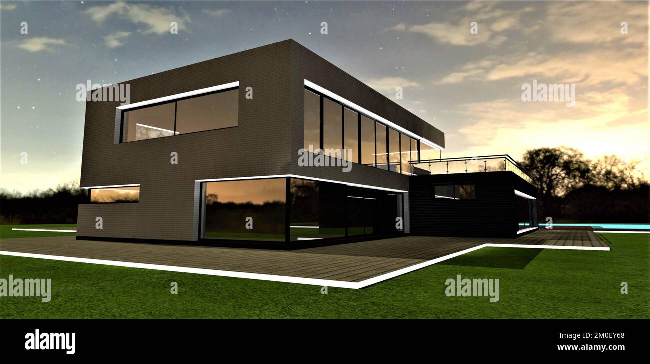 Spacious low-rise office building with illuminated facade at night ...