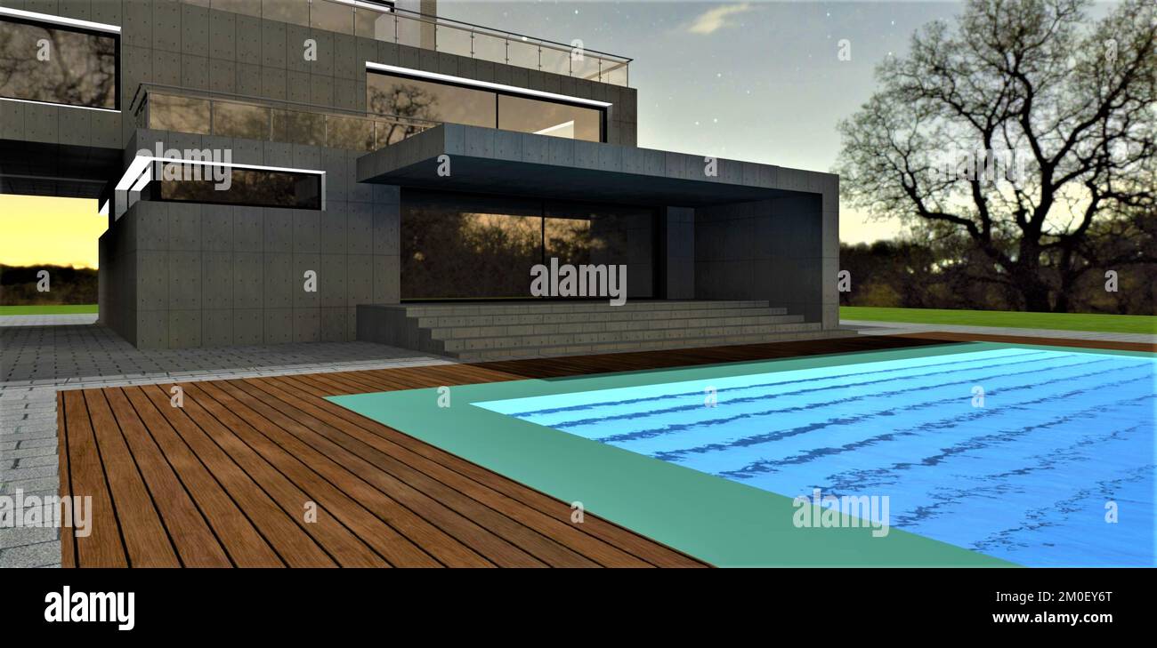 Evening in the yard of the high tech country house with pool ...