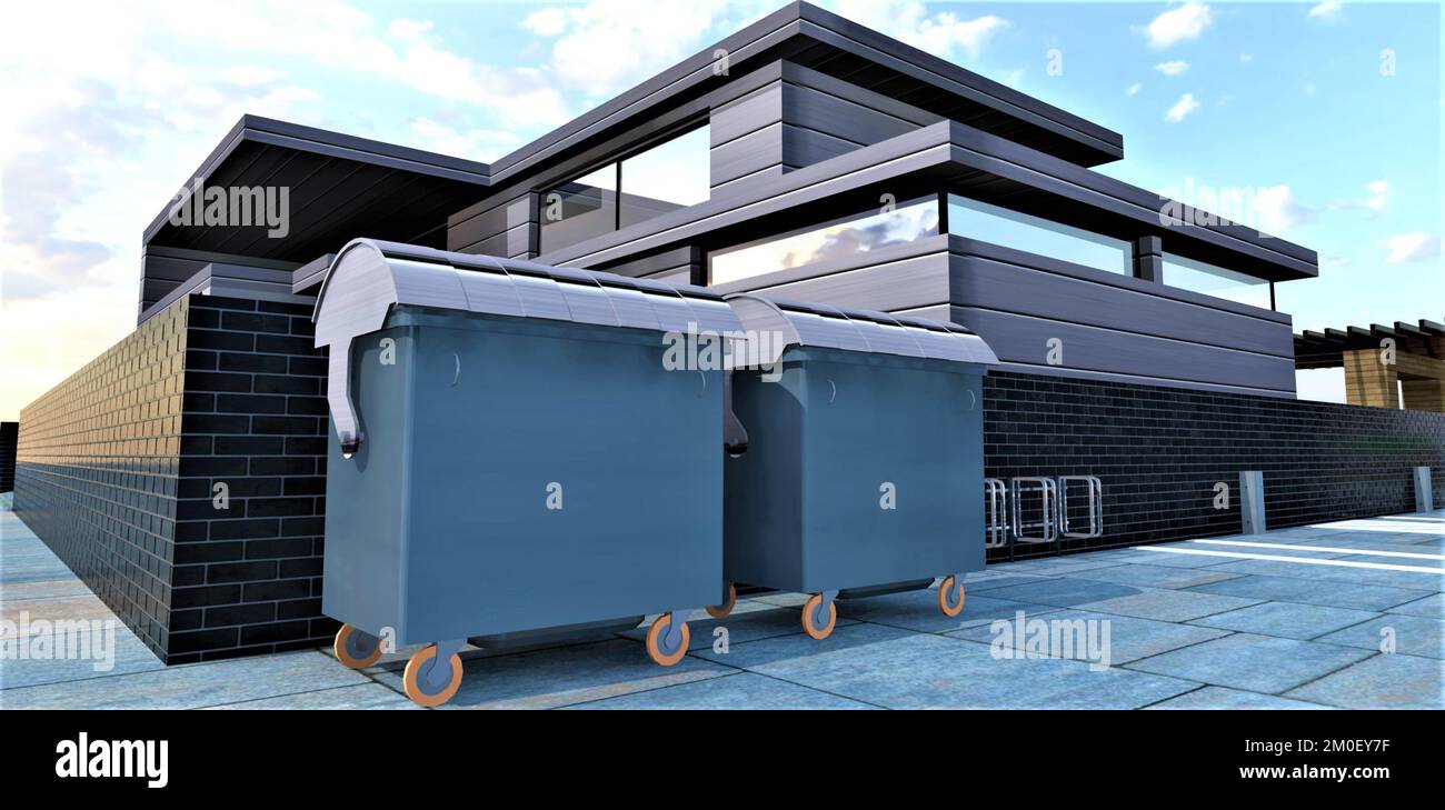Two gray industrial waste containers on wheels on the concrete slabs ...