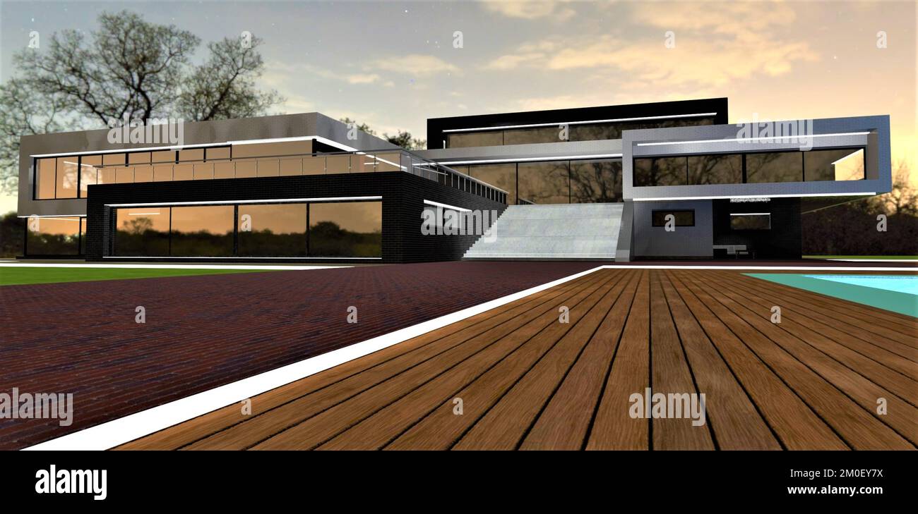 Wooden decking along the pool in the night courtyard of a magnificent ...