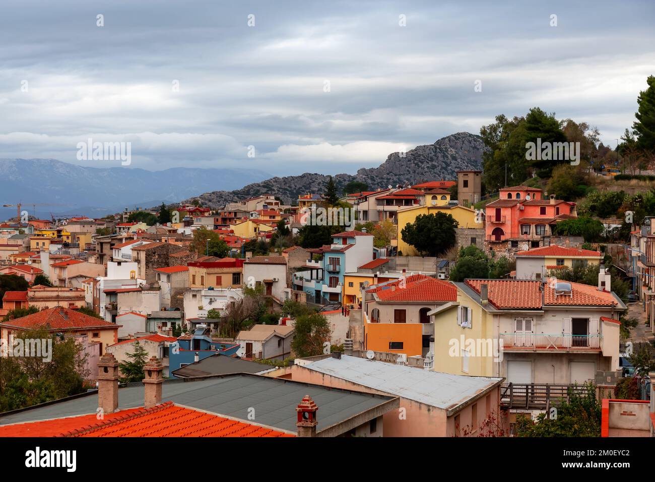 View of small touristic town in the mountains. Dorgali, Sardinia, Italy ...