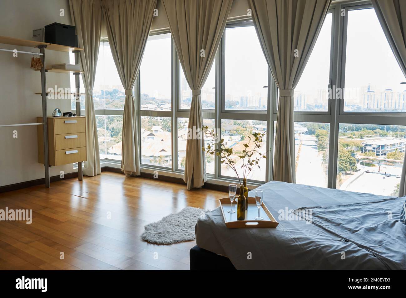 cozy bright studio room interior with huge panoramic windows Stock ...