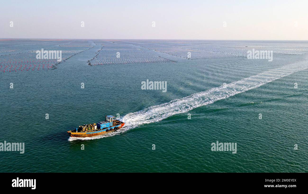 Aerial photos show fishermen engaged in marine production at the marine ...