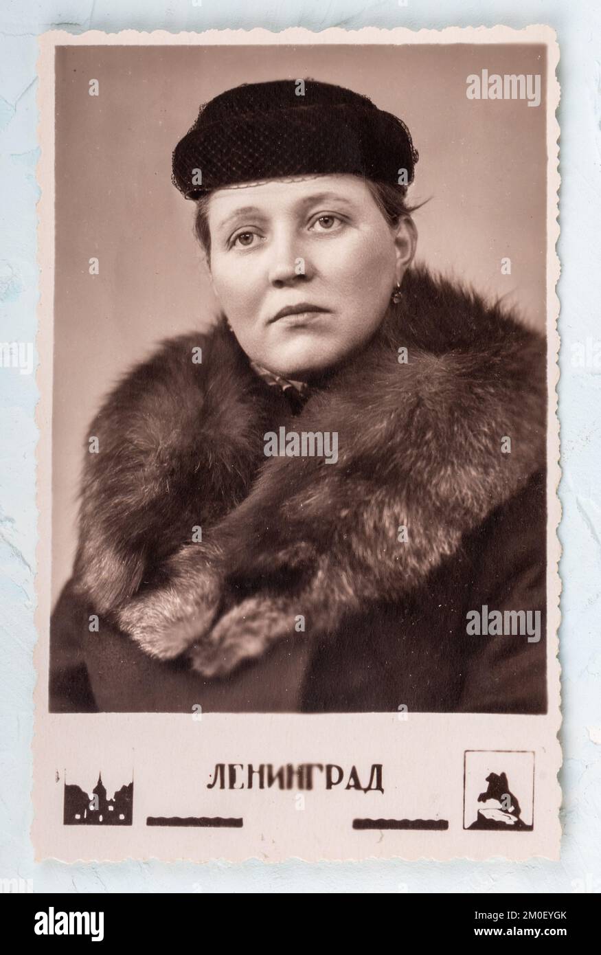 USSR - circa 1960s: studio portrait of a woman in a coat with a fur ...