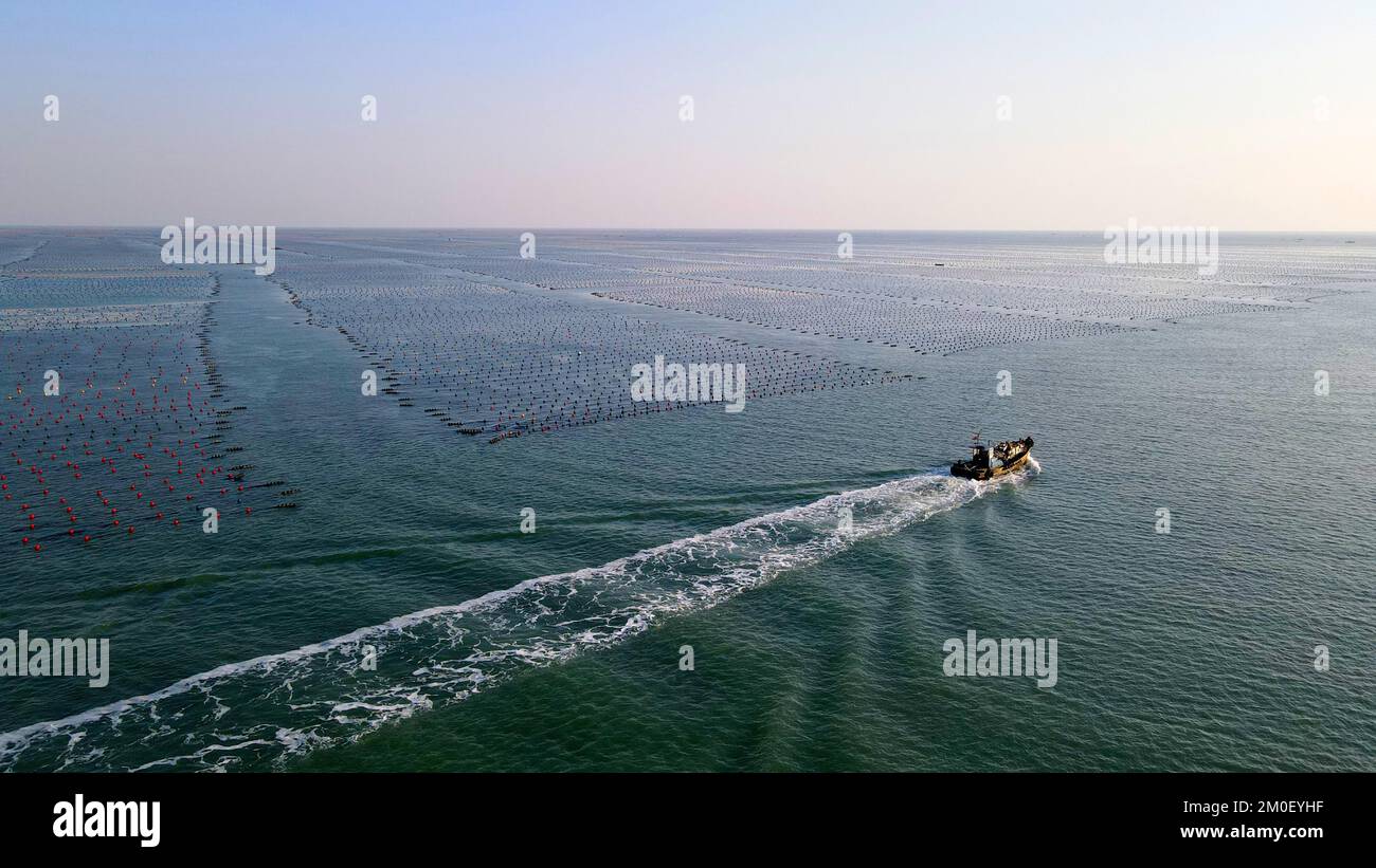 Aerial photos show fishermen engaged in marine production at the marine ...