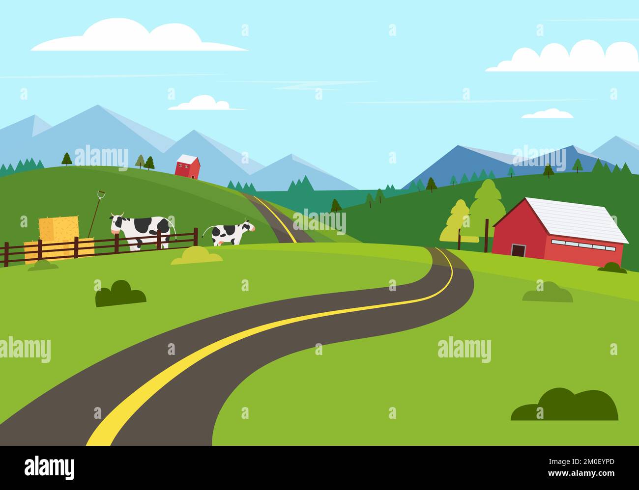 Countryside with road , farm , cow and nature landscape.Rural scene ...