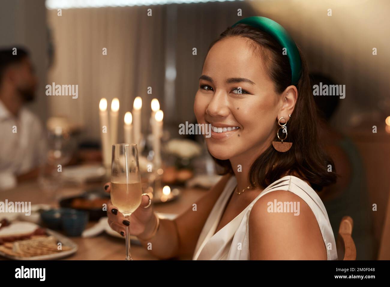 Woman, champagne and party portrait with dinner to celebrate new year ...