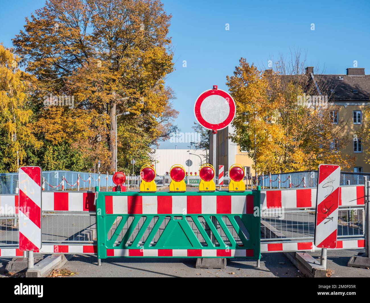 Complete closure of a road due to a construction site with a sign Stock ...