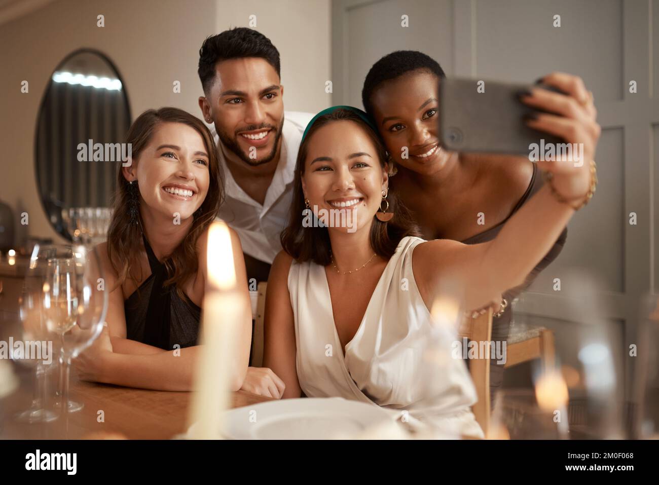 Friends, phone selfie and dinner party, social media and communication ...
