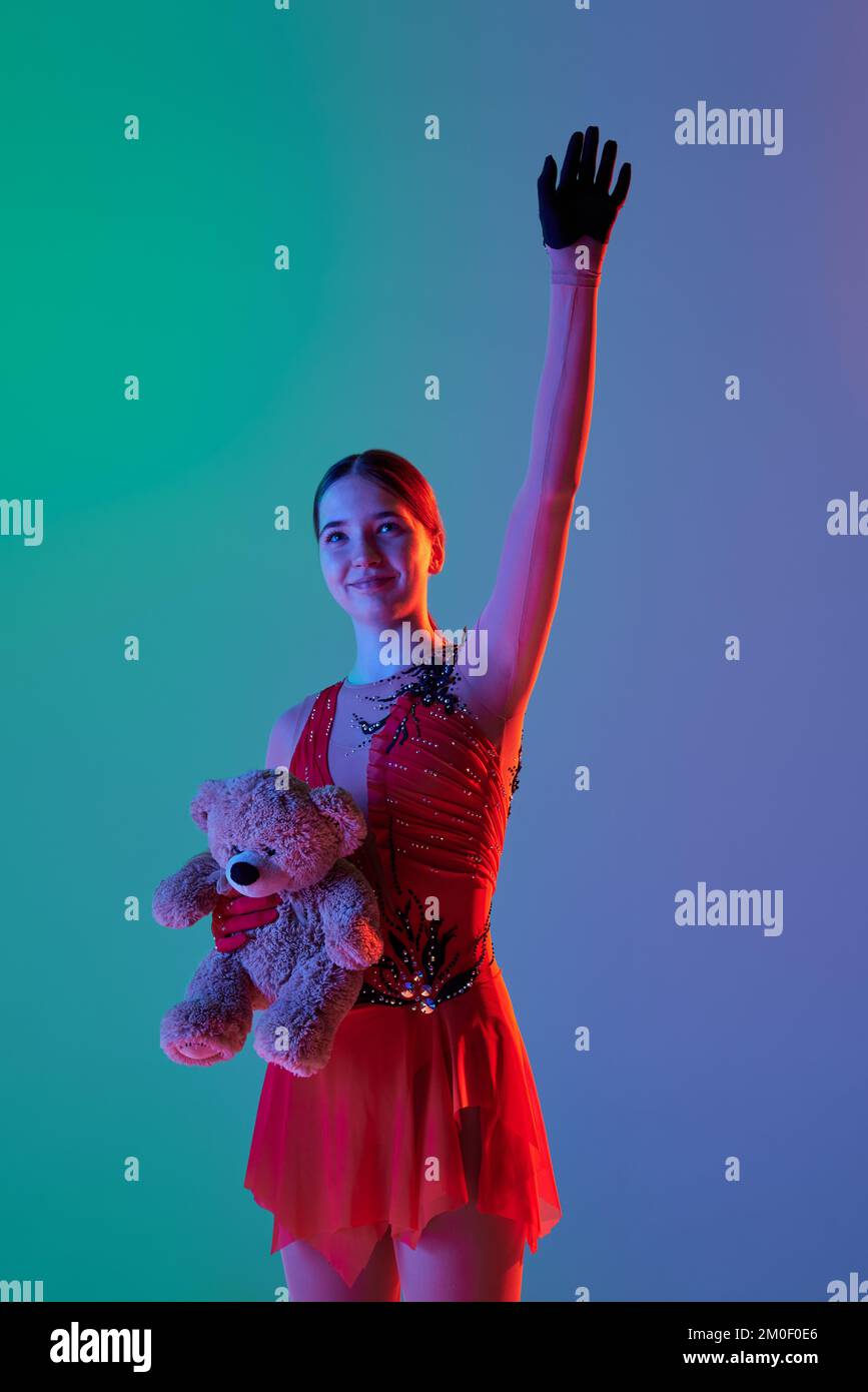 Wow, success, win. Happy young girl, female figure skater in stage ...