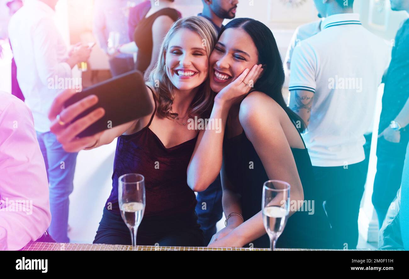 Friends, selfie and wine with women at party for new year celebration ...