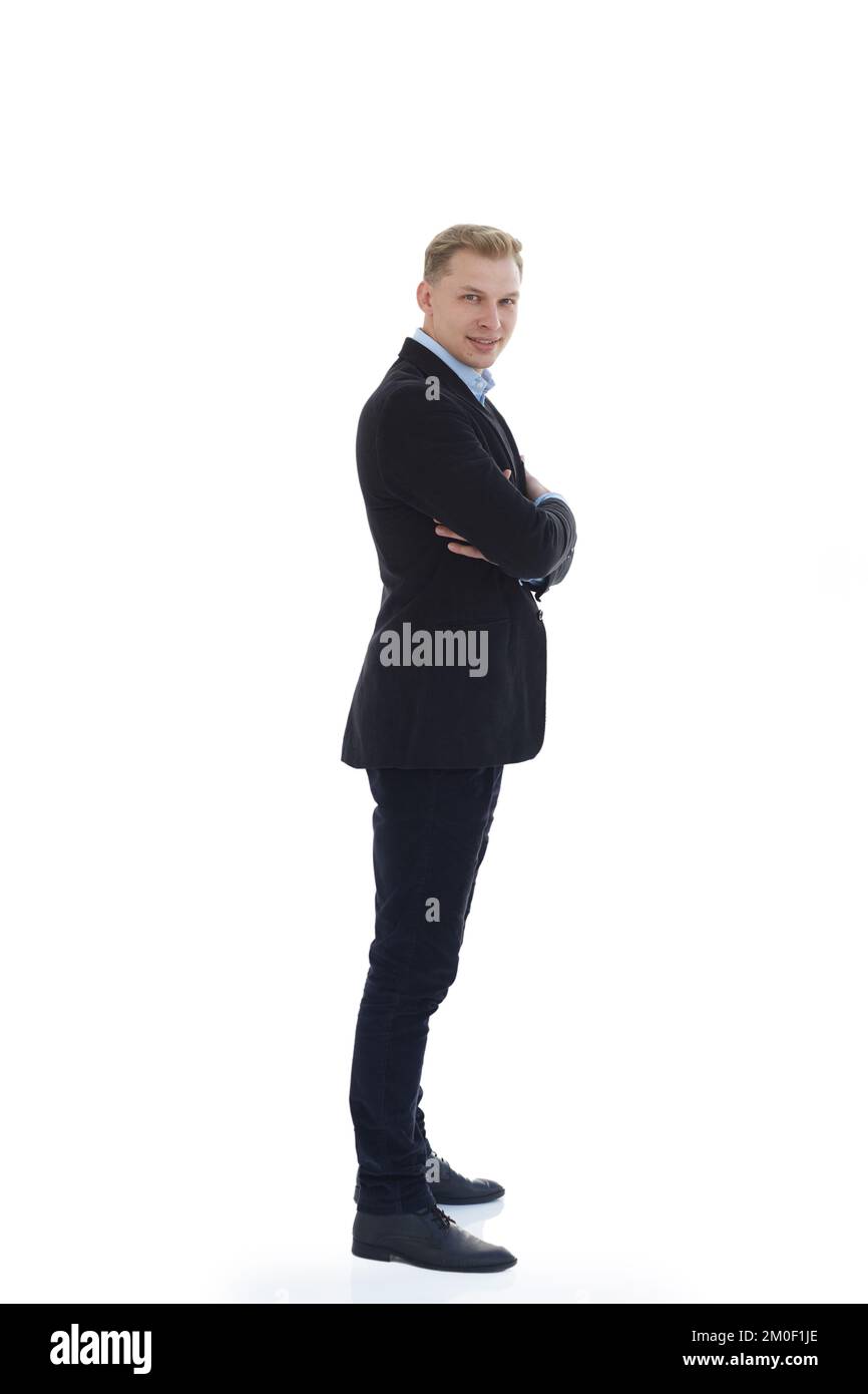 side view. a man in a business suit looking at a white screen Stock ...