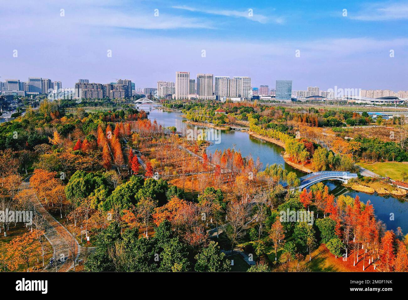 Aerial photo shows the winter scenery of Longyouhe Ecological Park in ...