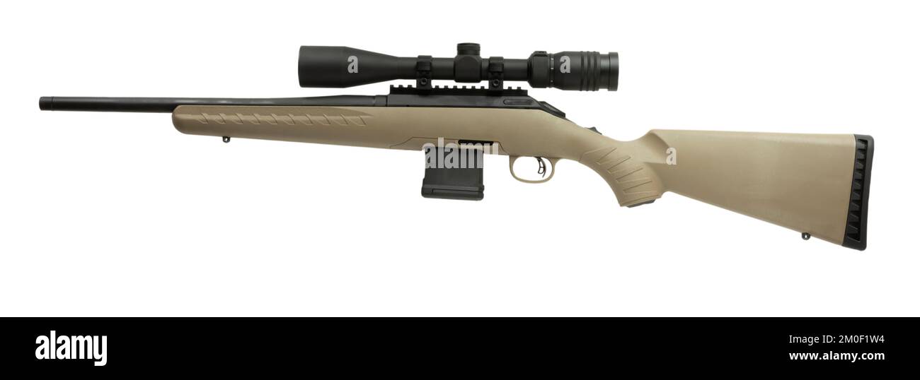 Brown bolt action rifle in 556 with a scope mounted isolated on white ...