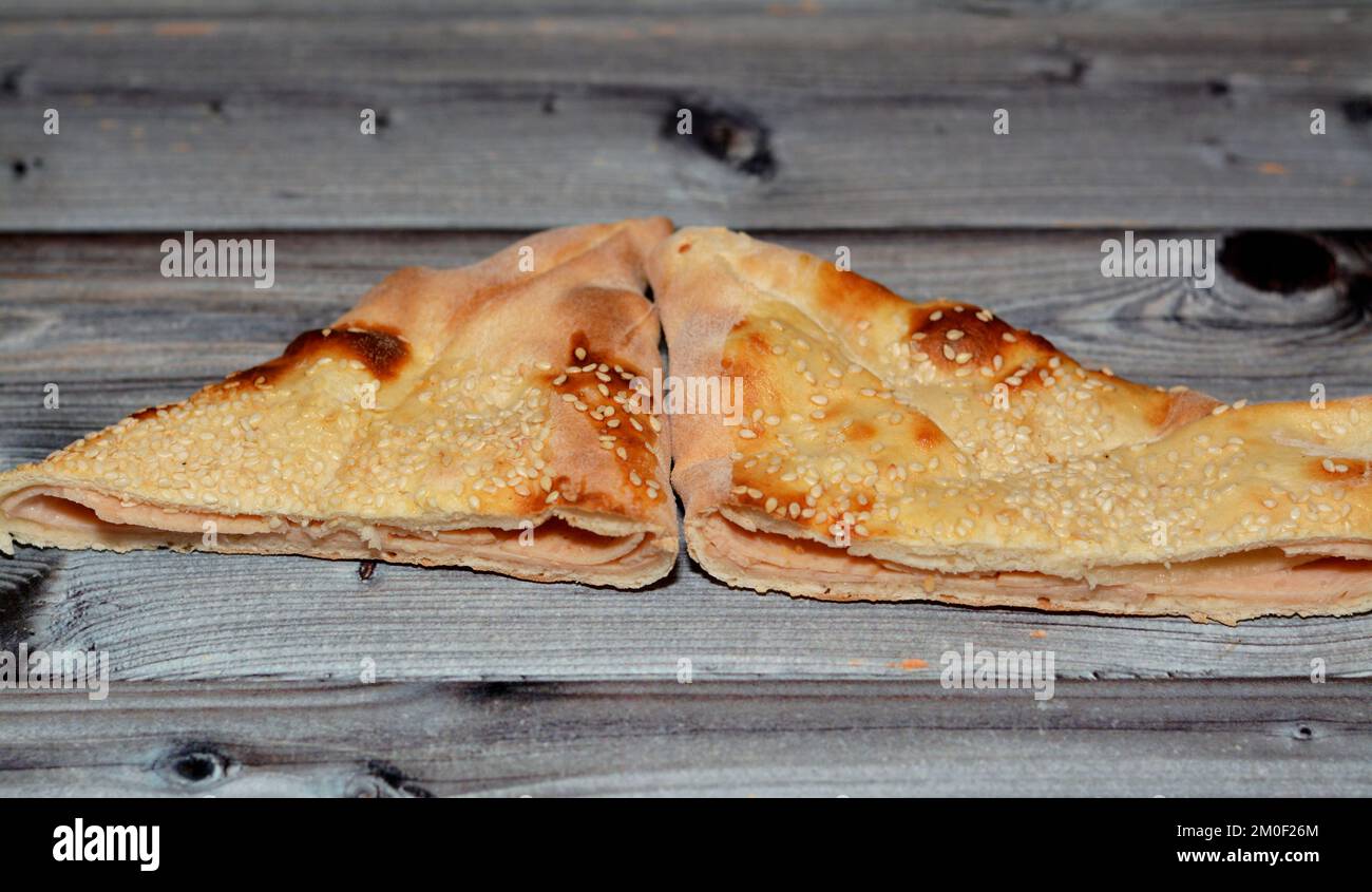 Traditional Arabic Syrian cuisine of a baked snack called Manakish a ...