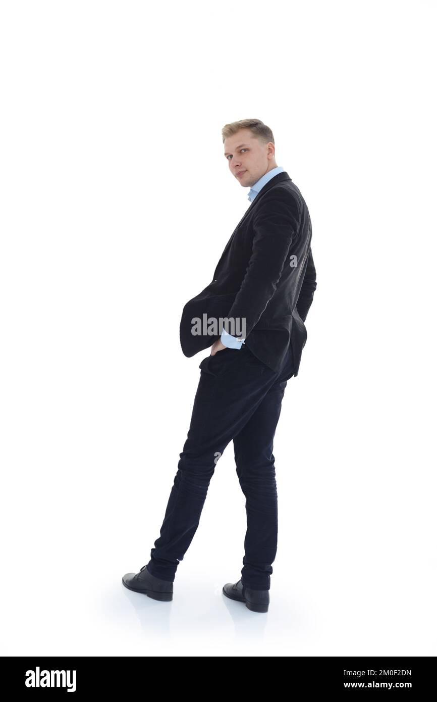 rear view. young man looking intently at the camera Stock Photo - Alamy