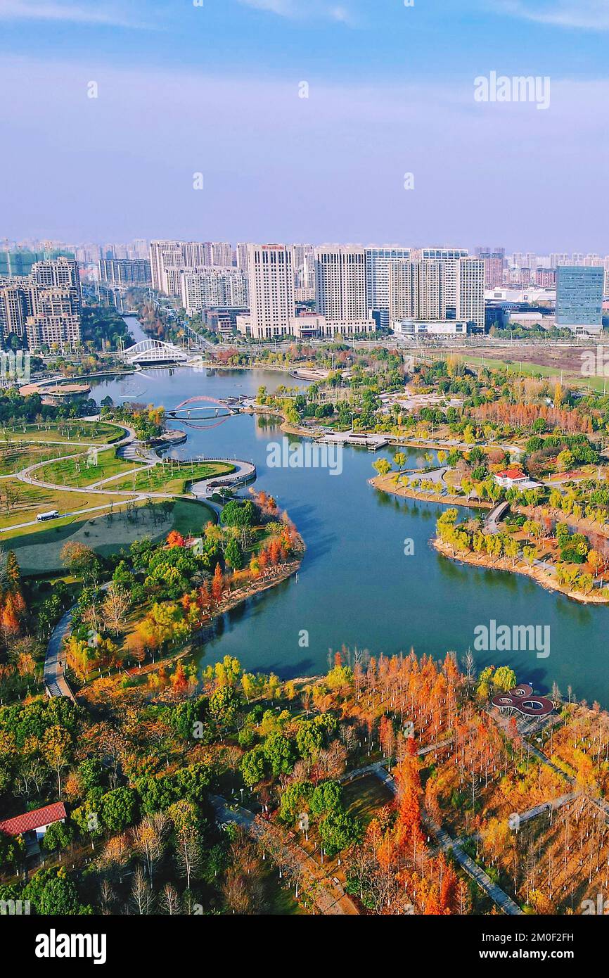 Aerial photo shows the winter scenery of Longyouhe Ecological Park in ...