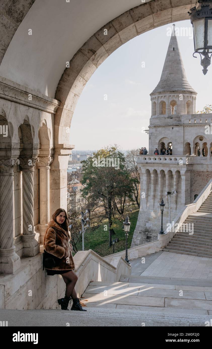 Girl standing on steps of famous landmark building fisherman's bastion ...