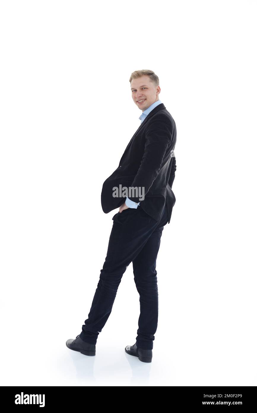 rear view. young man looking intently at the camera Stock Photo - Alamy