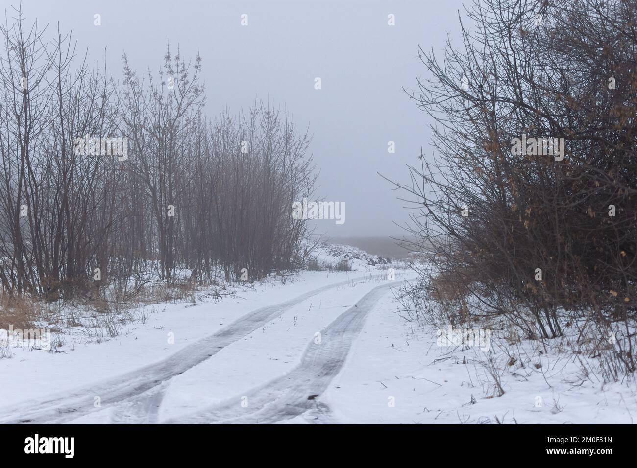 Winter road snowfall. An empty rural road without cars, covered with ...