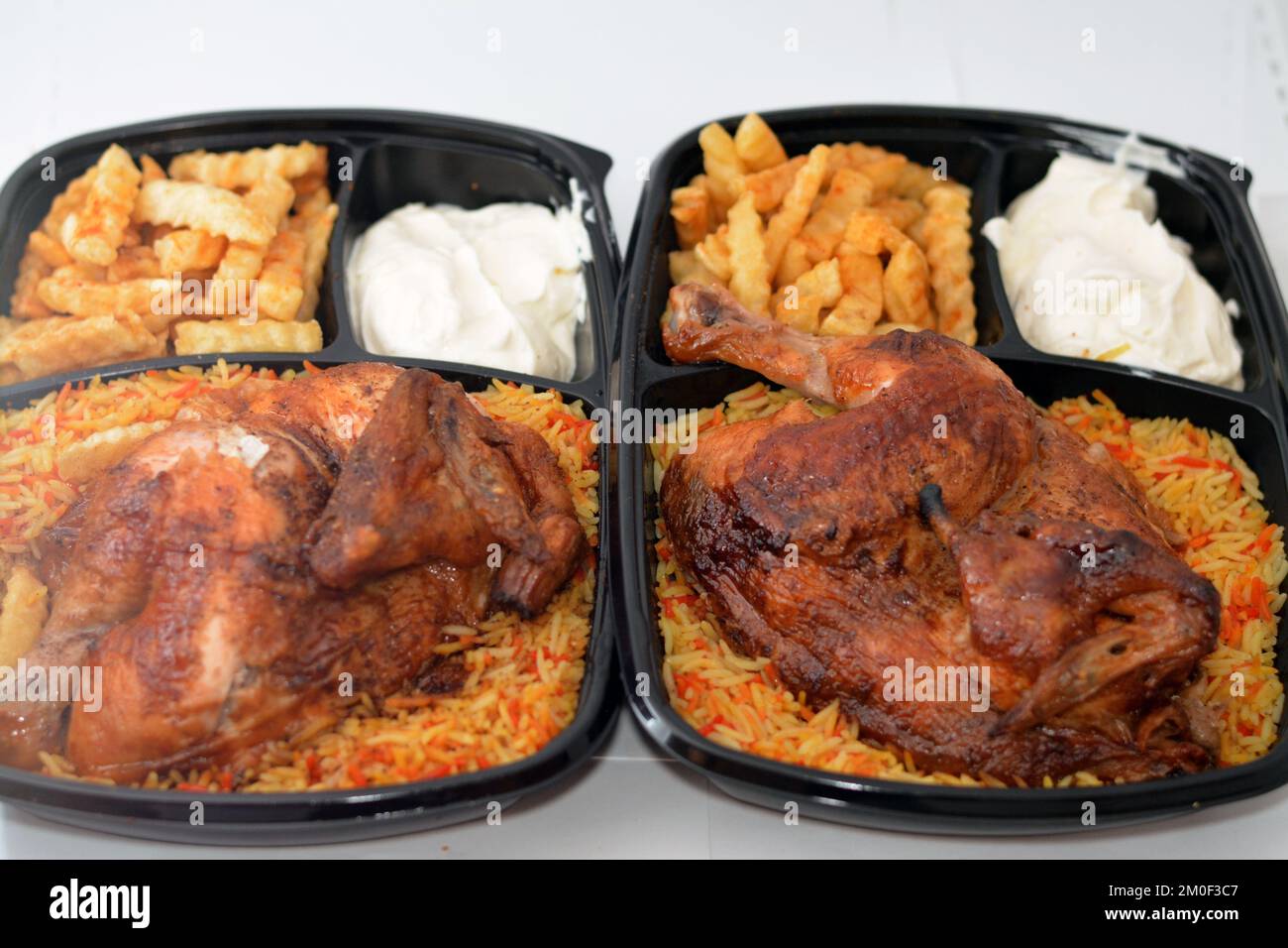 Arabic Syrian cuisine of machine grilled barbecued chicken with ...