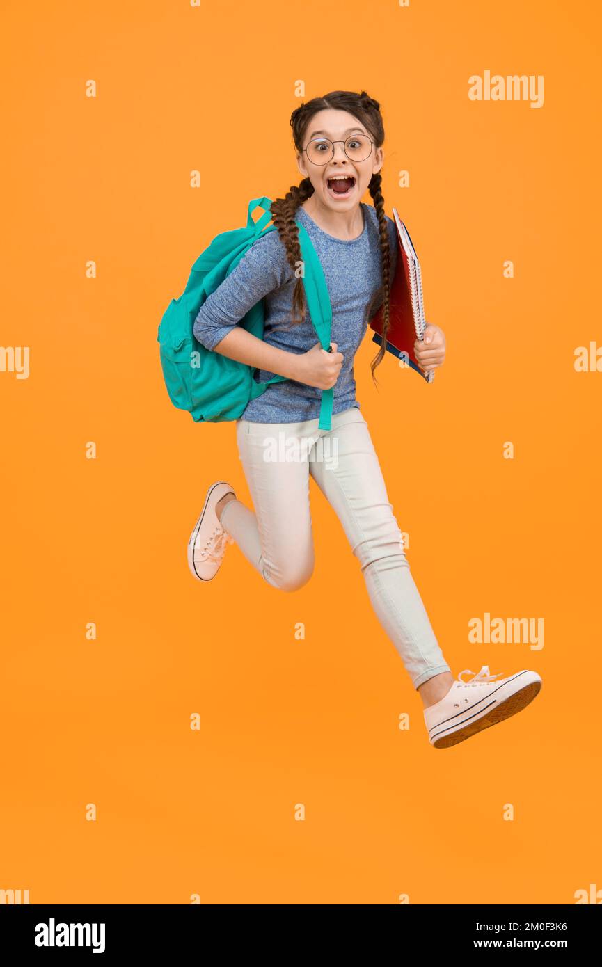 School student small girl going to school knowledge day, hurry up ...