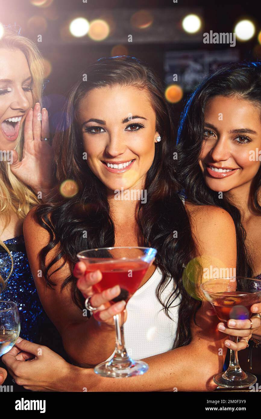 Women, cocktail drink and party with smile in portrait, friends on ...