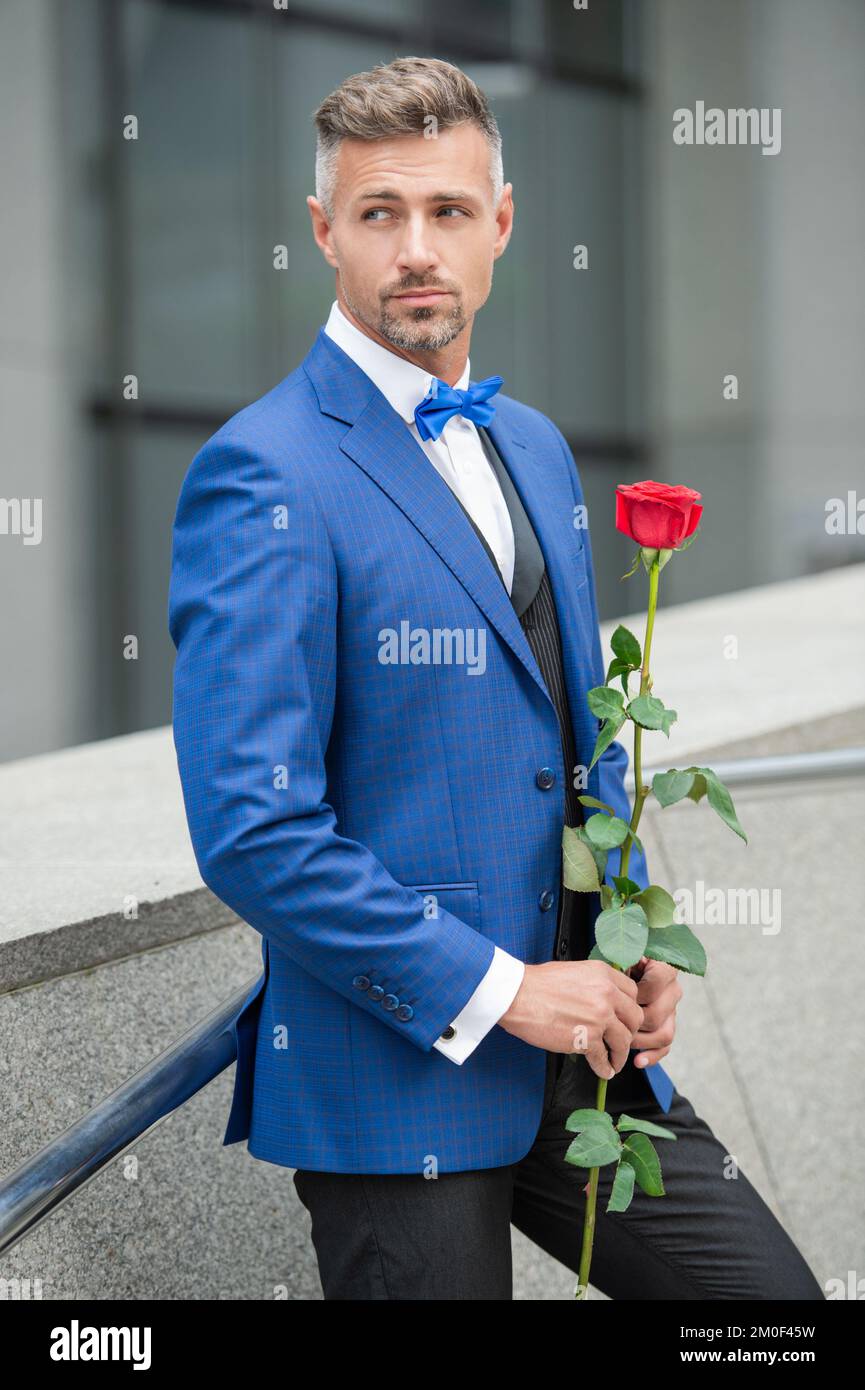 proposal concept. caucasian tuxedo man preparing for a proposal. man ...