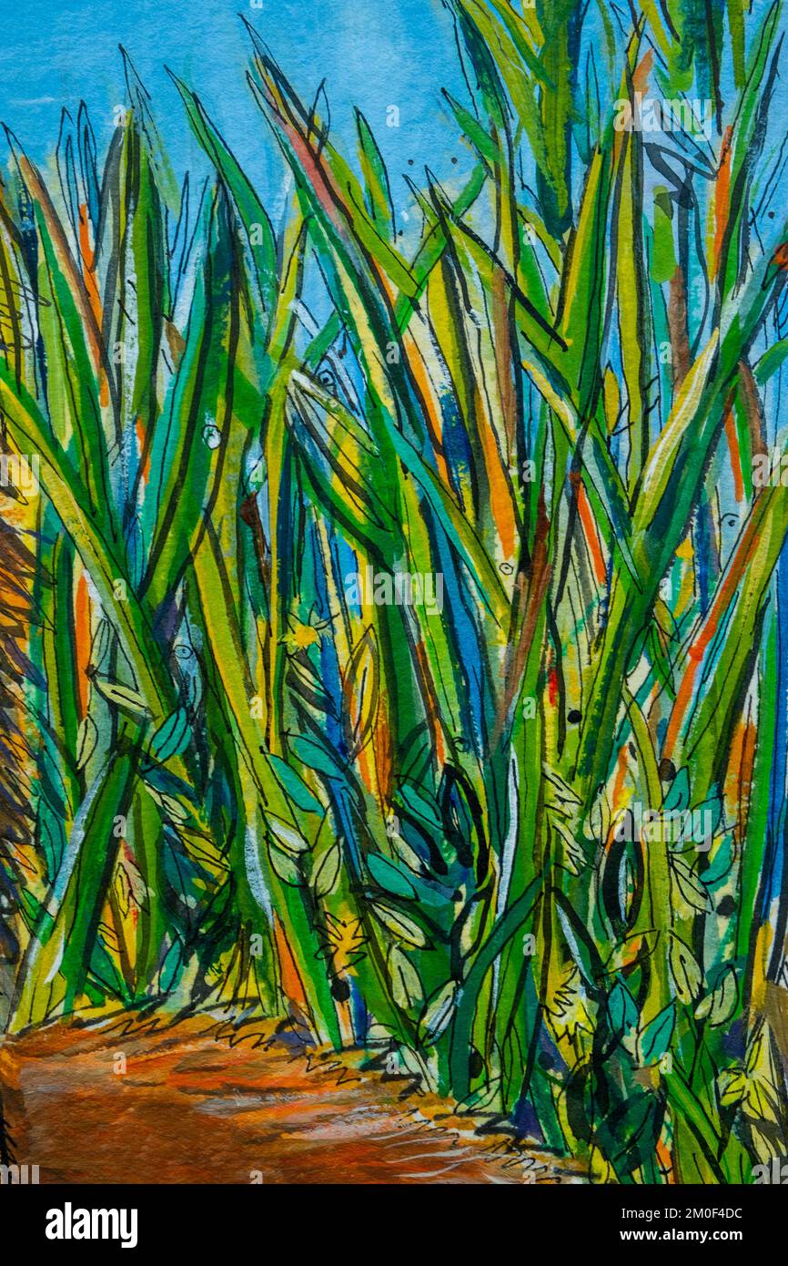 Vibrant multi-colored original acrylic painting on paper close up ...