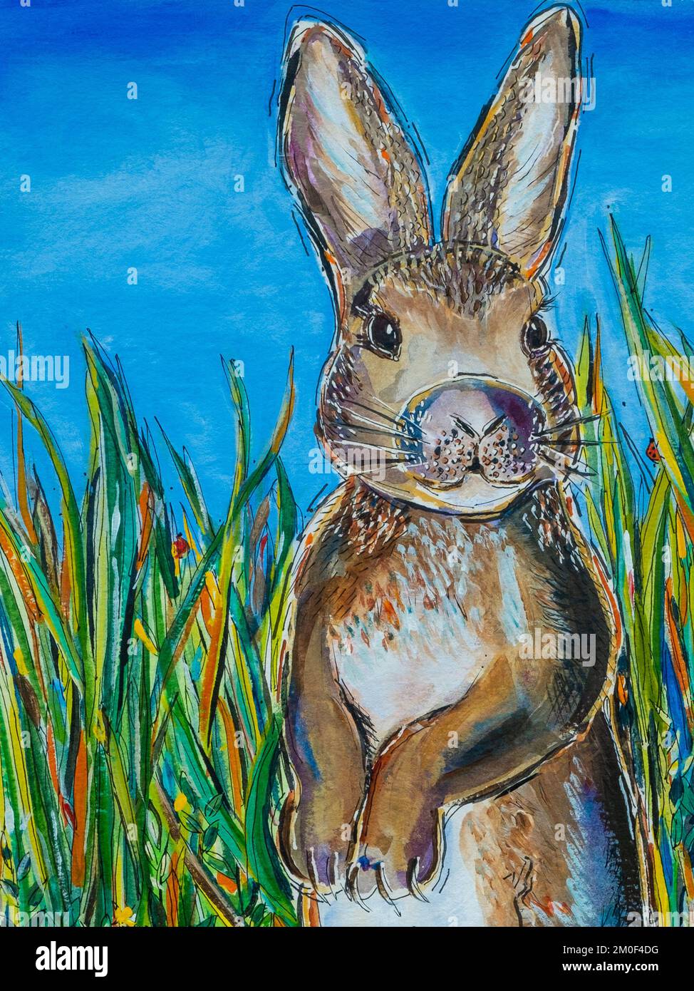 Vibrant multi-colored original acrylic painting on paper close up ...